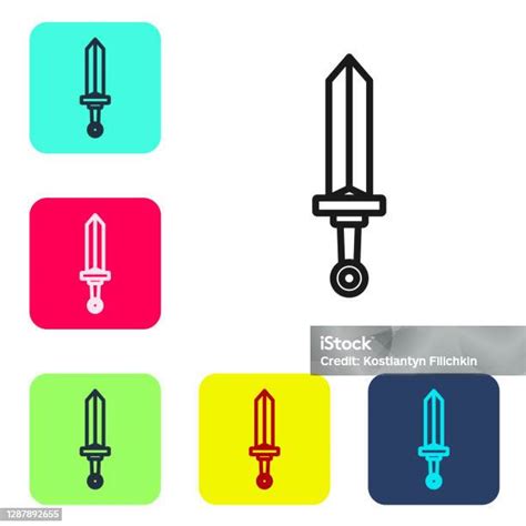 흰색 배경에 고립 된 검은 줄 중세 칼 아이콘 중세 무기 색상 정사각형 단추로 아이콘을 설정합니다 벡터 강철에 대한 스톡 벡터 아트 및 기타 이미지 Istock