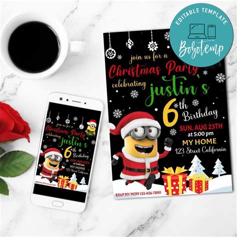 Minions Christmas Birthday Party Invitation Customizable Bobotemp