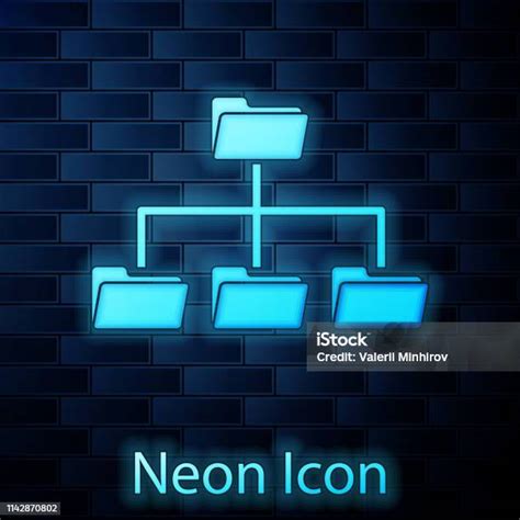 빛나는 네온 폴더 트리 아이콘 벽돌 벽 배경에 고립 컴퓨터 네트워크 파일 폴더 구성 순서도 벡터 일러스트 0명에 대한 스톡 벡터