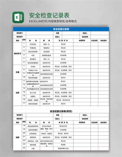 安全检查记录表Excel表格 Excel表格 OVO图库