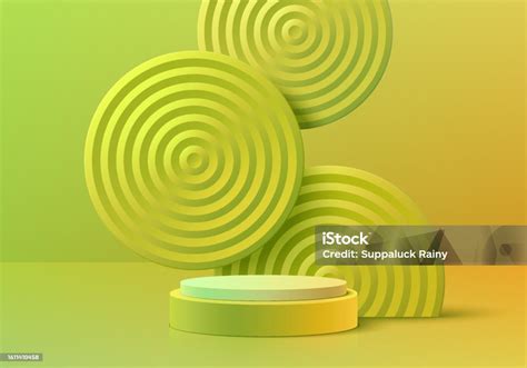 3d 연단 배경 사실적인 녹색 노란색 실린더 받침대 및 겹치는 방사형 원 장면 미니멀한 디자인의 추상적인 구성 플랫폼 모형 제품 디스플레이 프레젠테이션 무대 쇼케이스 0명에