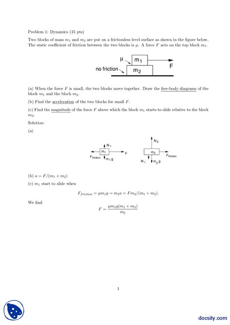 Dynamics Physics Exam Solution Docsity
