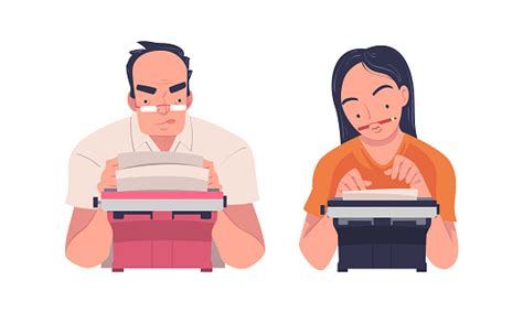 복고풍 타자기에 타이핑하는 작가 세트 빈티지 타자기 만화 벡터 일러스트레이션을 사용하여 기사 또는 이야기를 쓰는 기자 기계류에 대한 스톡 벡터 아트 및 기타 이미지 Istock