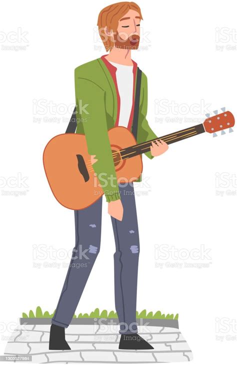 어쿠스틱 기타를 연주하는 스트리트 남성 뮤지션 라이브 퍼포먼스 컨셉 만화 스타일 벡터 일러스트레이션 거리에 대한 스톡 벡터 아트