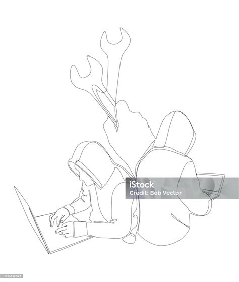 One Continuous Line Of Computer Hacker With Laptop And Wrench Thin Line Illustration Vector