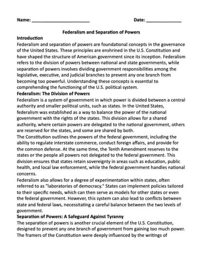 separation of powers in business law reading worksheet and questions