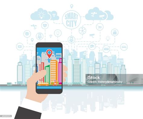 고급 스마트 서비스와 증강된 현실 소셜 스마트 도시에 초점을 손에서에서 스마트폰 네트워킹 가상현실에 대한 스톡 벡터 아트 및 기타 이미지 가상현실 개념 건축물