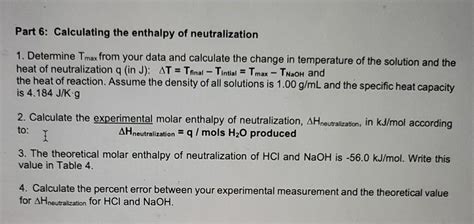 Part Calculating The Enthalpy Of Neutralization Chegg