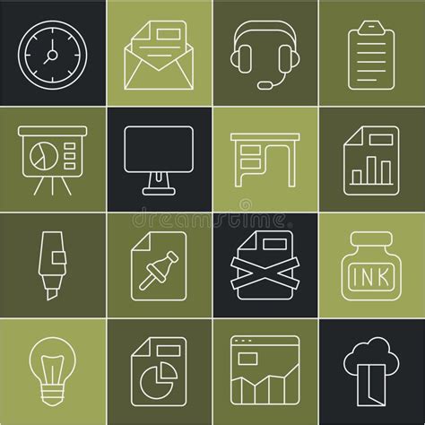 Set Line Cloud Database Inkwell Document With Graph Chart Headphones