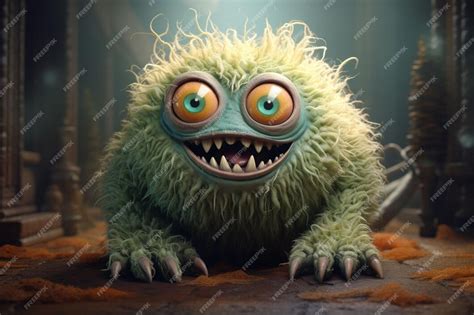 Cute Blue Fangry Cartoon Monster On Orange Background 3d Render Iurry