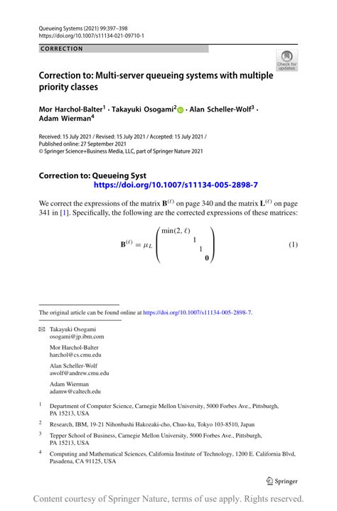 Correction To Multi Server Queueing Systems With Multiple Priority