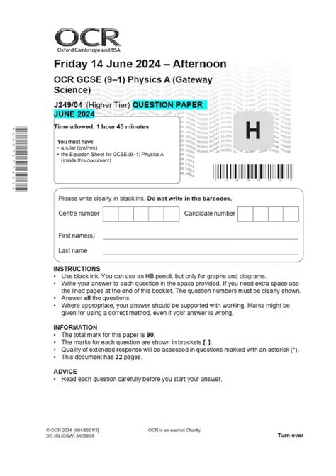 Friday 14 June 2024 Afternoon OCR GCSE 91 Physics A Gateway Science J249 04 Higher Tier