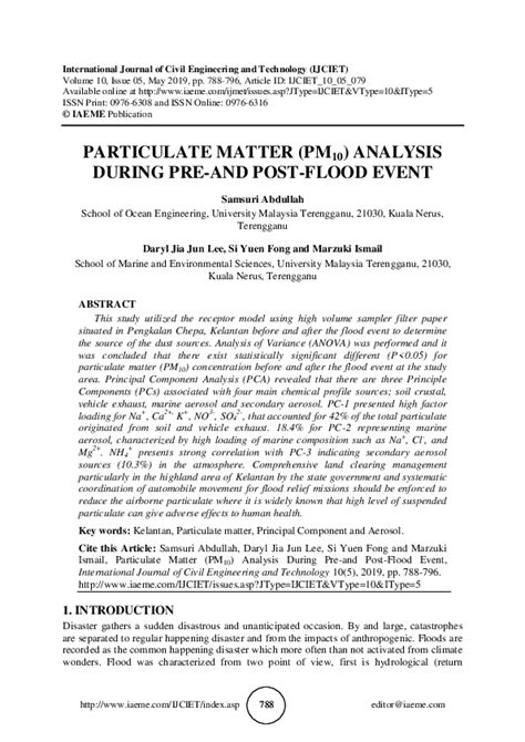 Pdf Particulate Matter Pm10 Analysis During Pre And Post Flood Event