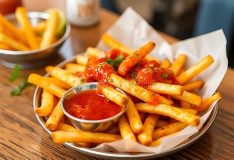 A Plate Of Spicy French Fries With Spicy Chili Sauce Stock