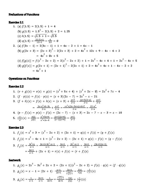 Functions Evaluations of Functions Exercise 2 1 a 𝑓 1 5 2 1 5 1 4 b 𝑔 1 5