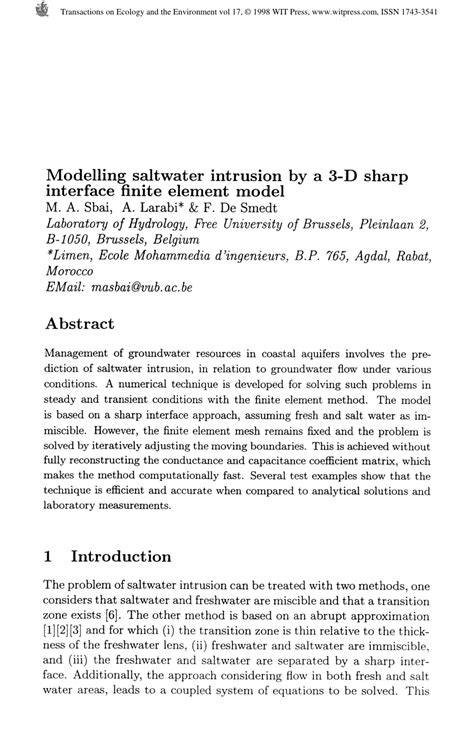 Pdf Modelling Saltwater Intrusion By A 3 D Sharp Interface Finite