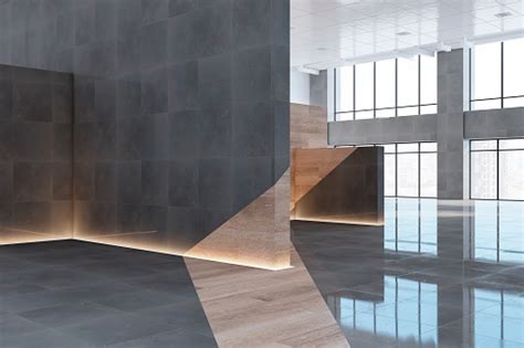 창문과 도시 전망 햇빛과 그림자가 있는 현대적인 콘크리트 전시장 내부 박물관과 예술 개념 3d 렌더링 0명에 대한 스톡 사진 및