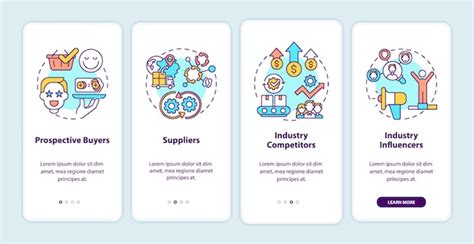 개념이있는 모바일 앱 페이지 화면을 온 보딩하는 공동 창작 참가자 잠재 구매자 공급 업체 안내 단계 Rgb 색상의 Ui 템플릿 프리미엄 벡터