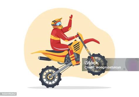 진흙 바위가 많은 도로 익스트림 스포츠 플랫 만화 손으로 그린 템플릿에서 자전거를 타는 라이더와 함께 하는 모토크로스 그림 Championship에 대한 스톡 벡터 아트 및