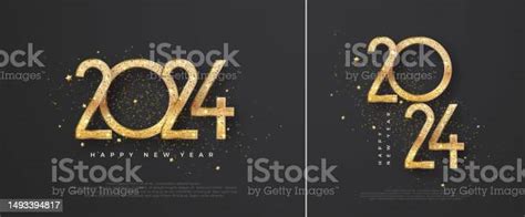 2024년 새해 디자인 고급스럽고 아름다운 골드와 골드 글리터 숫자가 있습니다 2024년 새해 복 많이 받으세요 인사말과 축하를 위한 프리미엄 벡터 디자인 0명에 대한 스톡