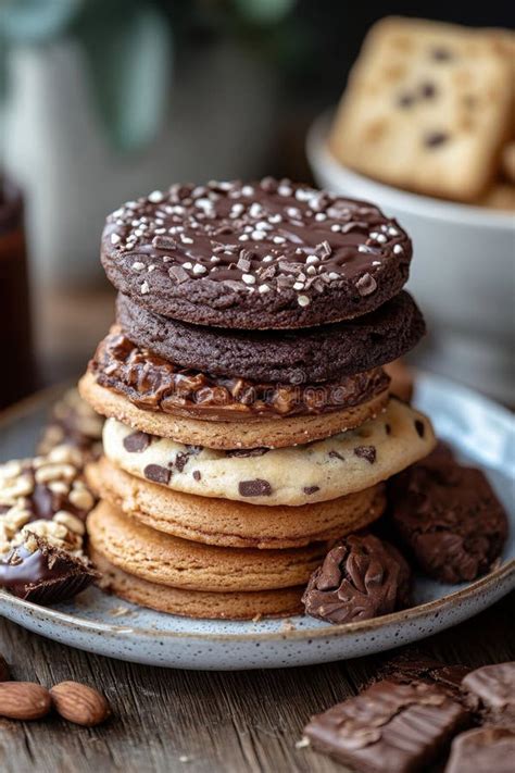 Layered Cookie Stack With Different Flavors And Textures Presented On A