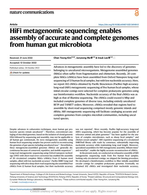 Pdf Hifi Metagenomic Sequencing Enables Assembly Of Accurate And Complete Genomes From Human