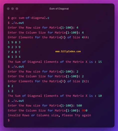 Sum Of Diagonal Elements Of Matrix In C Language Sillycodes
