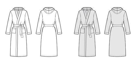 바스로브 후드 드레싱 가운 기술 패션 일러스트와 랩 오프닝 무릎 길이 넥타이 포켓 팔꿈치 소매 0명에 대한 스톡 벡터 아트 및