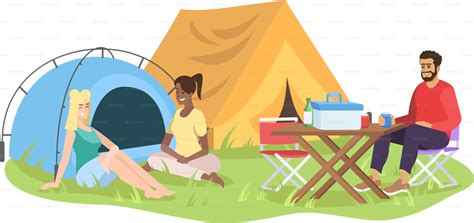 야외에서 캠핑을 하는 친구들은 플랫 벡터 일러스트레이션을 선보인다 쾌활한 남자와 여자 만화 캐릭터 젊은 친구들 피크닉에 있는 학생들 휴가철 흰색 배경에 고립된 여름