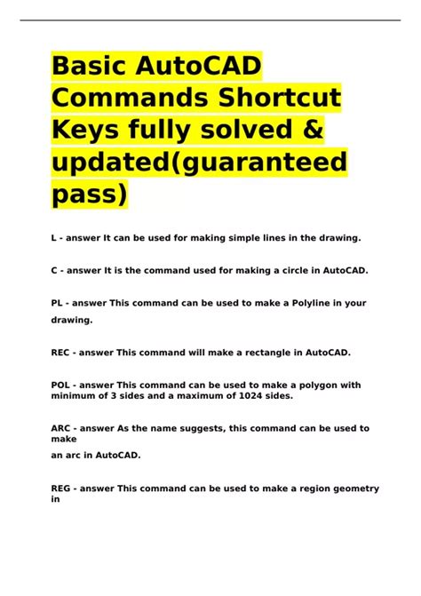 Basic Autocad Commands Shortcut Keys Fully Solved And Updatedguaranteed Pass Autocad Stuvia Us
