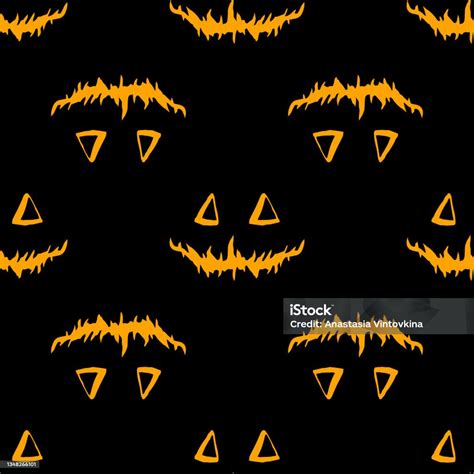 검은 색의 주황색으로 잭의 호박 얼굴의 벡터 매끄러운 패턴 삼각형 눈의 패턴과 소름 입 손으로 그린 오렌지 기하학적으로 할로윈 디자인 템플릿을 위해 배열 10월에 대한 스톡