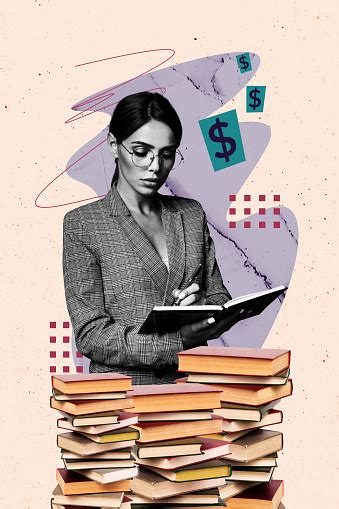 합성물 트렌드 삽화 3d 스케치 이미지 사진 콜라주 아가씨 읽기 책 더미 도서관 돈 수입 학생 교육 공식적인 20 24세에 대한 스톡 사진 및 기타 이미지 Istock