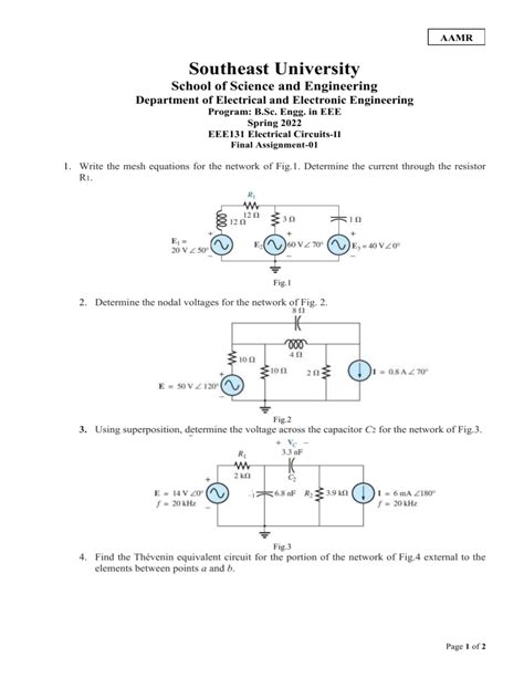Electrical Circuits Ii Assignment Mesh Nodal Thevenin
