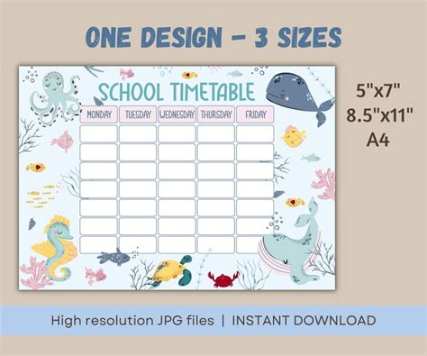 Ocean Theme School Timetable Instant Download Printable Back Etsy