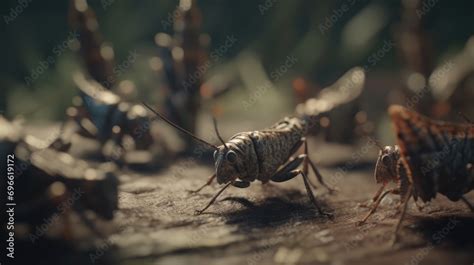 In The Heart Of The Paddy Fields Grasshoppers Rest On The Rice Plants