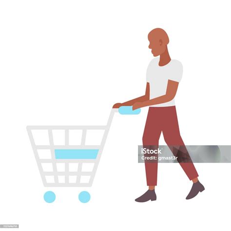남자 빈 트롤리 카트 아프리카계 미국인 남자 고객 쇼핑 개념 남성 만화 캐릭터 전체 길이 평면 분리를 추진 개념에 대한 스톡 벡터 아트 및 기타 이미지 Istock