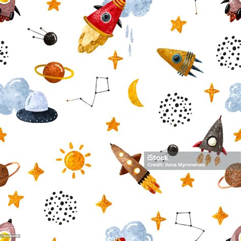 손으로 그린 공간 원활한 패턴입니다 공간 배경입니다 공간 낙서 Chuldish 그림입니다 만화 우주 로켓 행성 별 달 구름 태양계 Ufo와 끝없는 패턴 0명에 대한 스톡