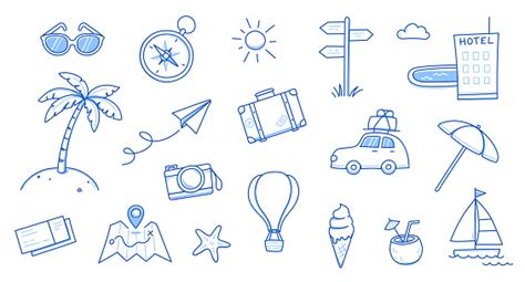 여름 여행 휴가 그려진 세트입니다 손으로 그린 스케치 낙서 스타일의 여름 여행 휴가 배경 태양 여행 가방 해변 텐트 낙서 요소