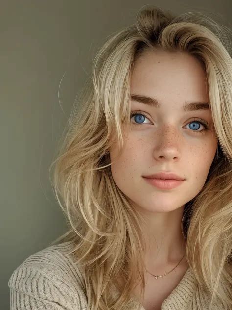 Blond Woman Mit Sommersprossen And Blue Eyes Posing For A Picture Very