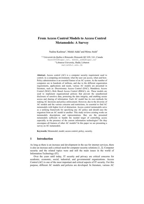 Pdf From Access Control Models To Access Control Metamodels A Survey