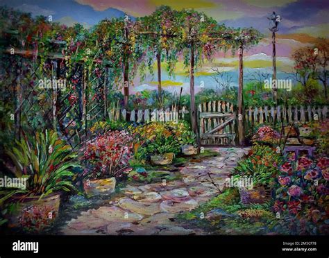 Oil Painting Pathway With Trees And Flowers Stock Photo Alamy