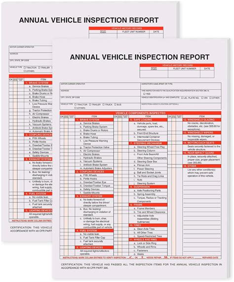 50 Pack Annual Vehicle Inspection Report Form Detailed
