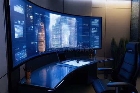 Modern Workspace With Curved Display Showcasing Data And City Skyline At Night Stock Image