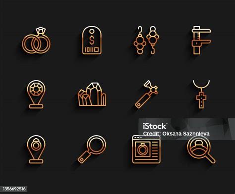 세트 라인 보석 가게 돋보기 웨딩 링 온라인 쇼핑 다이아몬드 참여 보석 돌 기독교 크로스 체인 과 보석 루피 아이콘 벡터 보석상에 대한 스톡 벡터 아트 및 기타 이미지