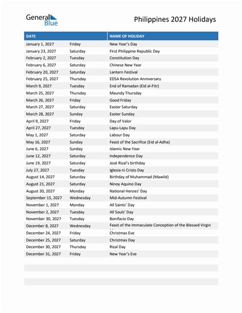 2027 Philippines List Of Holidays In Pdf Word And Excel