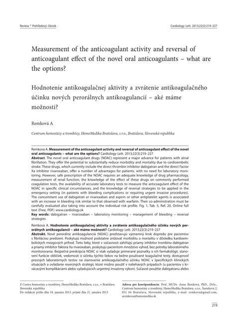 Pdf Measurement Of The Anticoagulant Activity And Reversal Of Anticoagulant Effect Of The