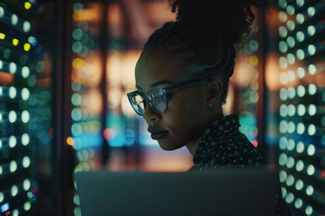 Premium Photo In A Dark Server Room A Black Woman It Engineer Works