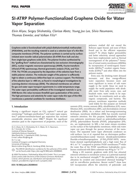 Pdf Si‐atrp Polymer‐functionalized Graphene Oxide For Water Vapor Separation