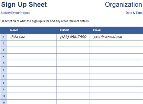 Sign Up Sheet Simple Excel Templates Free Download Available From Ace Digi