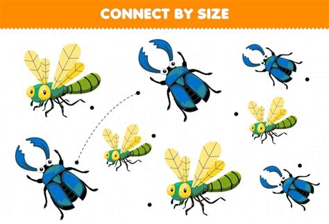 아이들을 위한 교육용 게임은 귀여운 만화 잠자리와 딱정벌레 인쇄 가능한 버그 워크시트의 크기로 연결됩니다 프리미엄 벡터